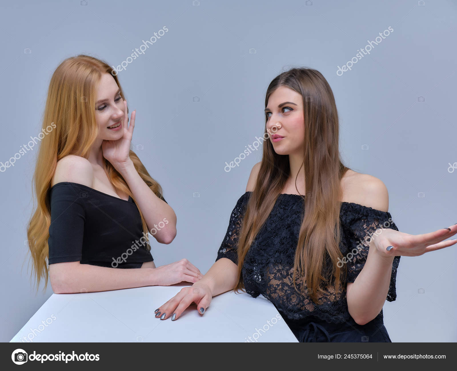 Concept Portrait Two Cute Beautiful Girls Talking Gray Background ...