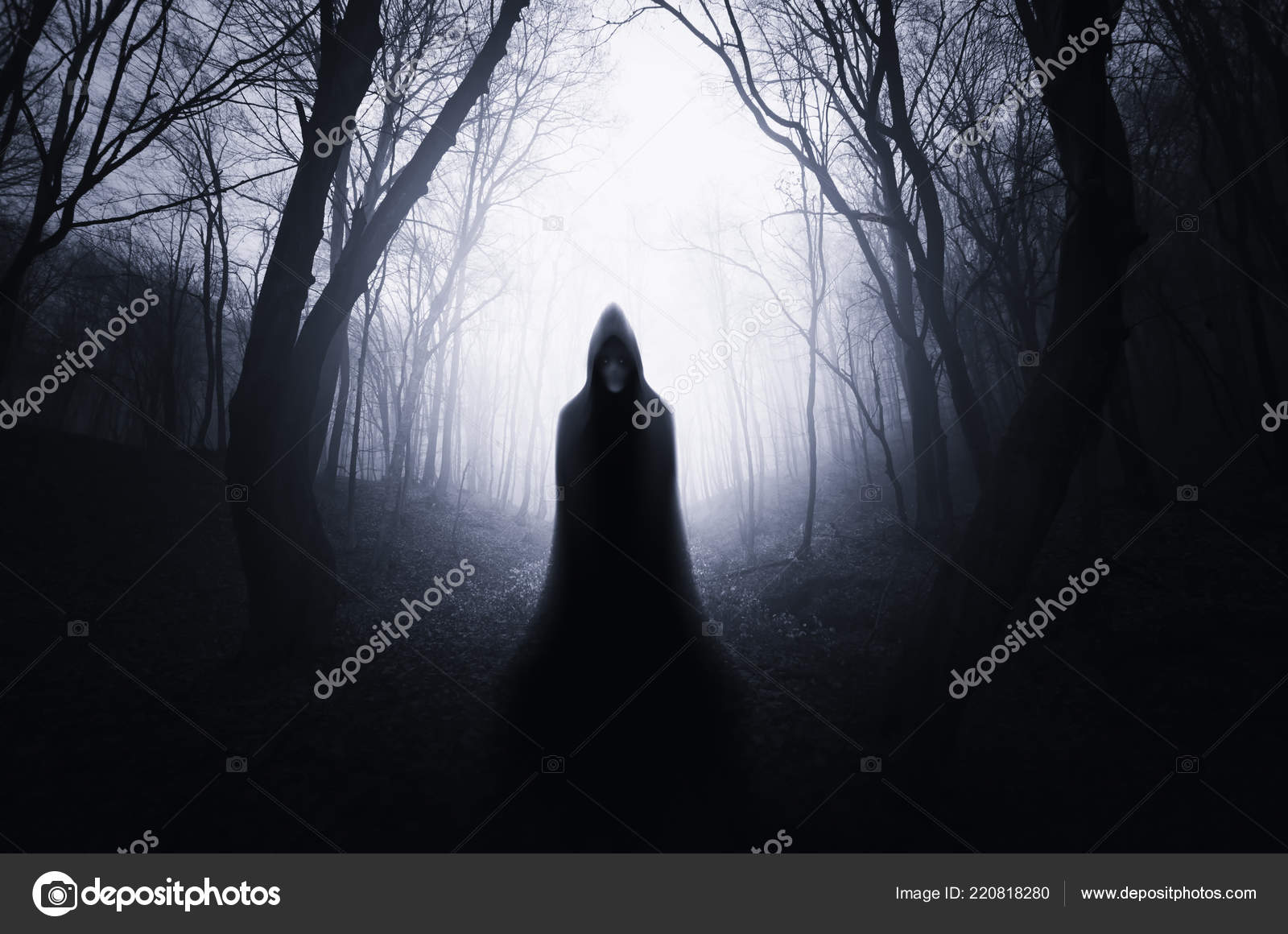 Dark Scary Forest Landscape Mysterious Cloaked Figure Halloween Stock Photo by ©photocosma 220818280