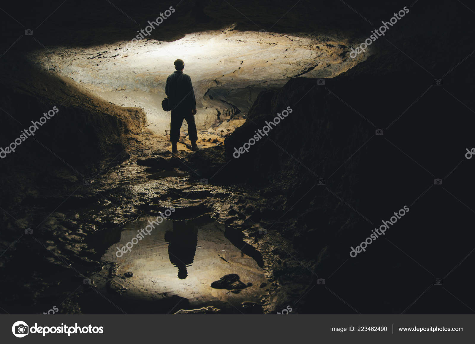 Man Exploring Dark Cave Underground Tunnel Stock Photo by ©photocosma ...