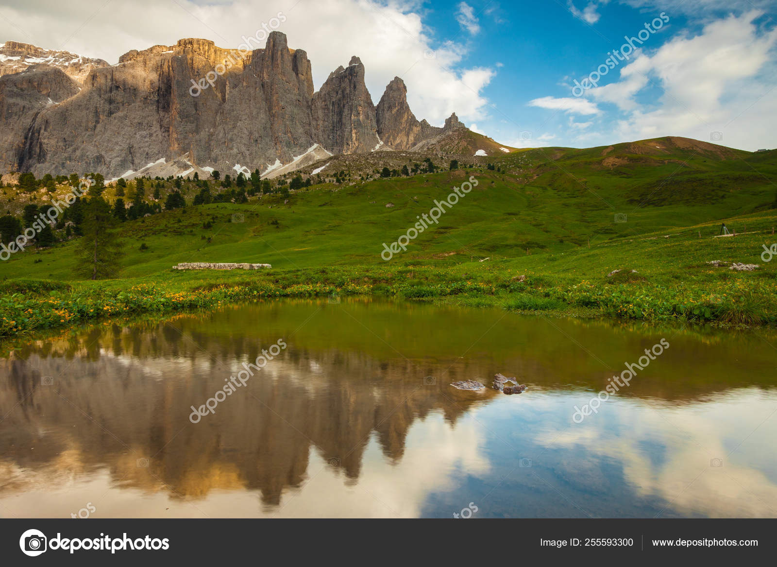 Sella Towers reflected in a typical mountain lake, Sella Pass, D Stock ...