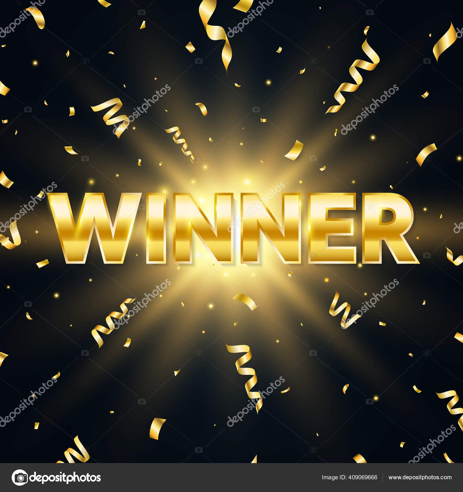 Ganador texto dorado con destellos y confeti cayendo. Brillantes ...
