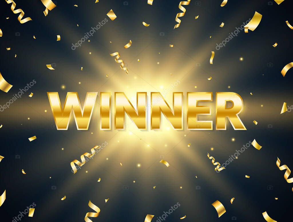 Ganador texto dorado con estrella de explosión y confeti cayendo ...