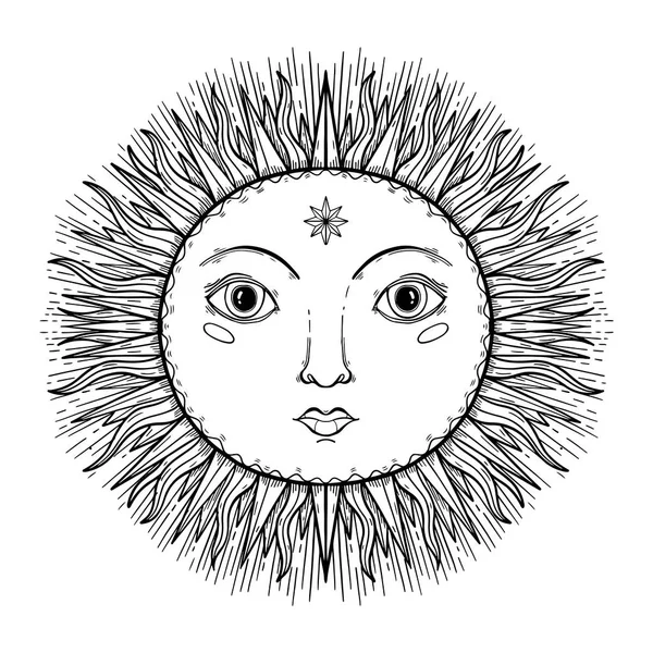 Sketch Graphic Illustration Beautiful Sun Face Mystic Occult Hand Drawn ...