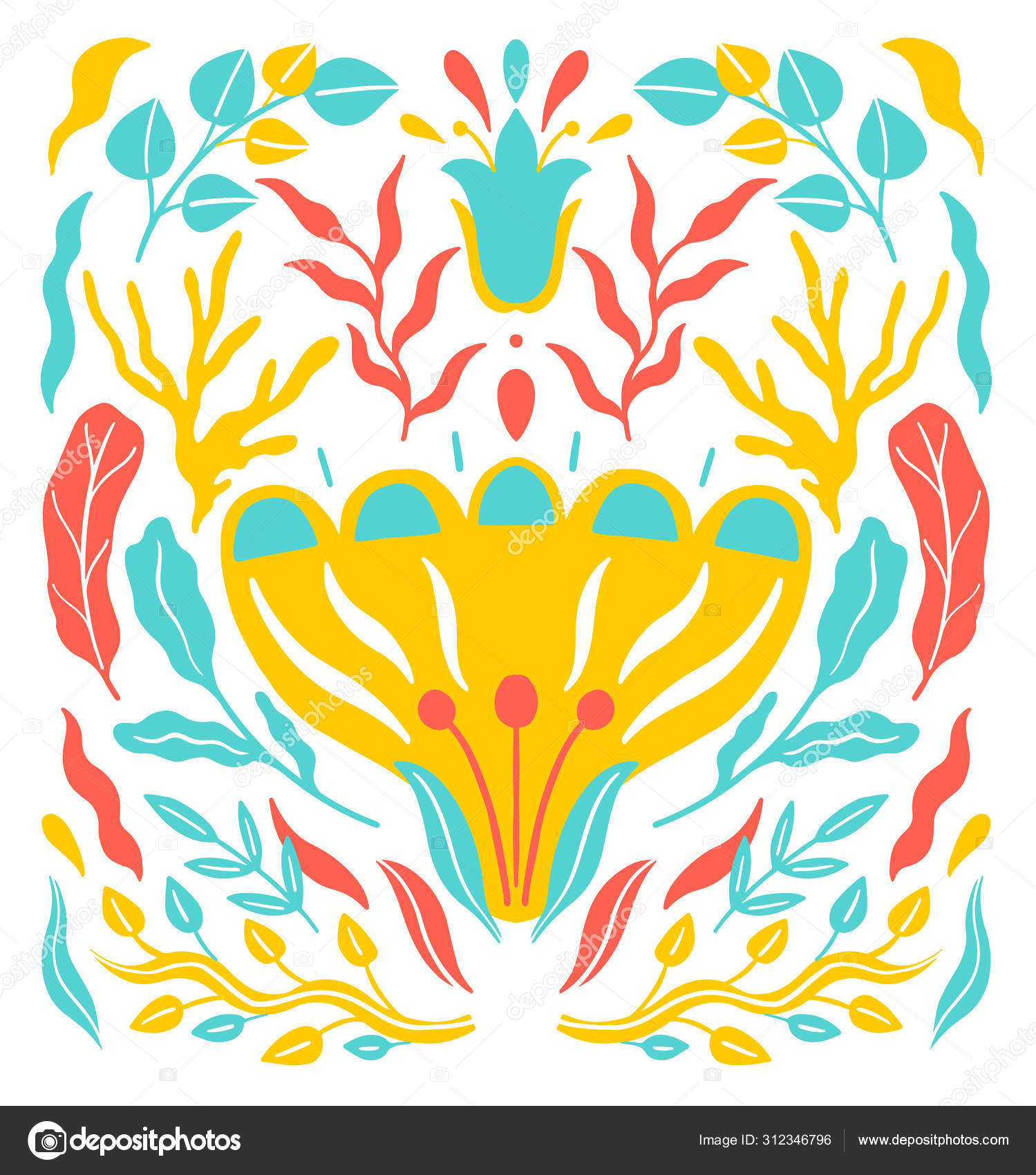 Ethnic folk flower bright color in white background.Symmetry spe ...