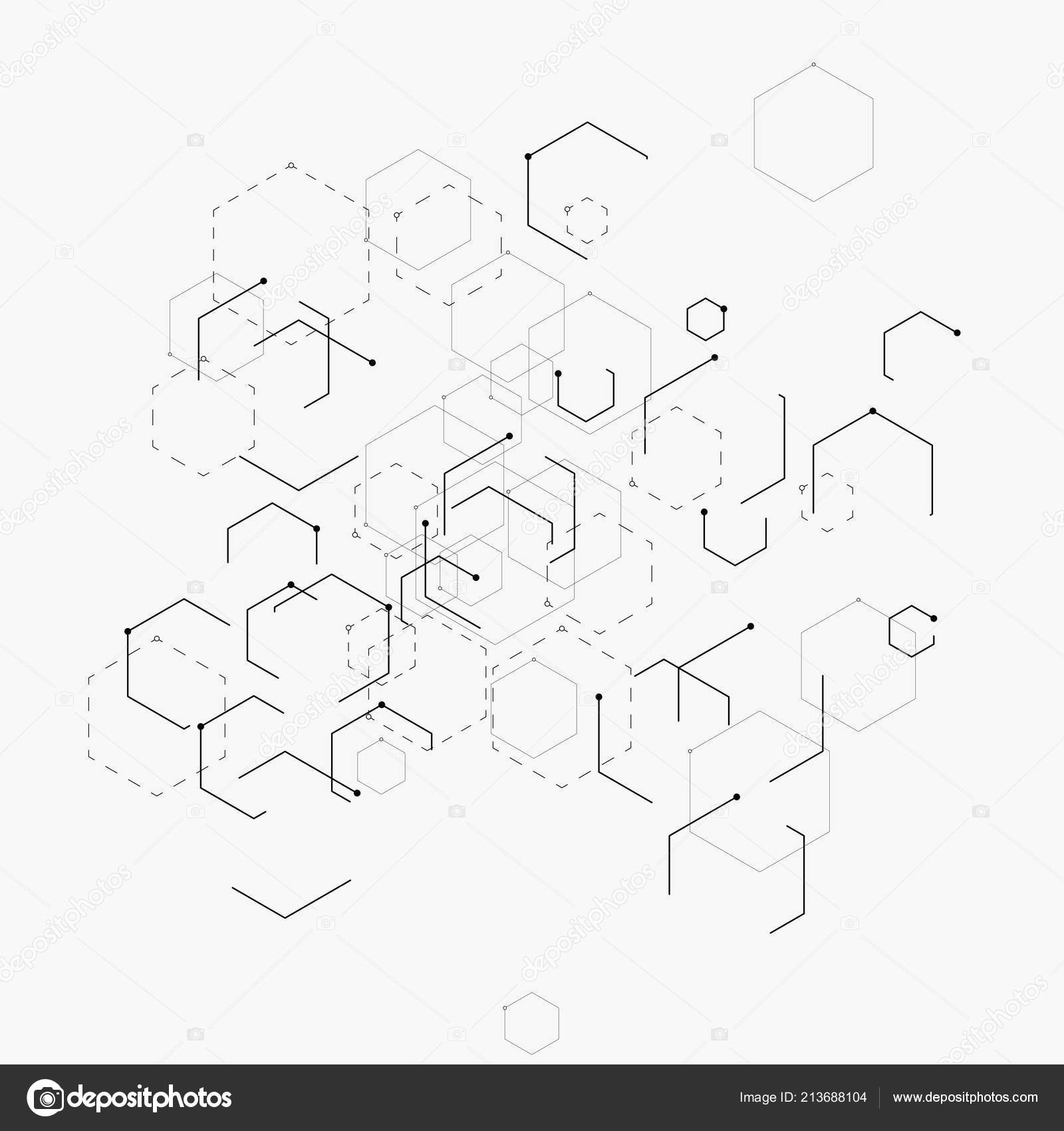 Abstract vector illustration with hexagons, lines and dots on white background. Hexagon ...