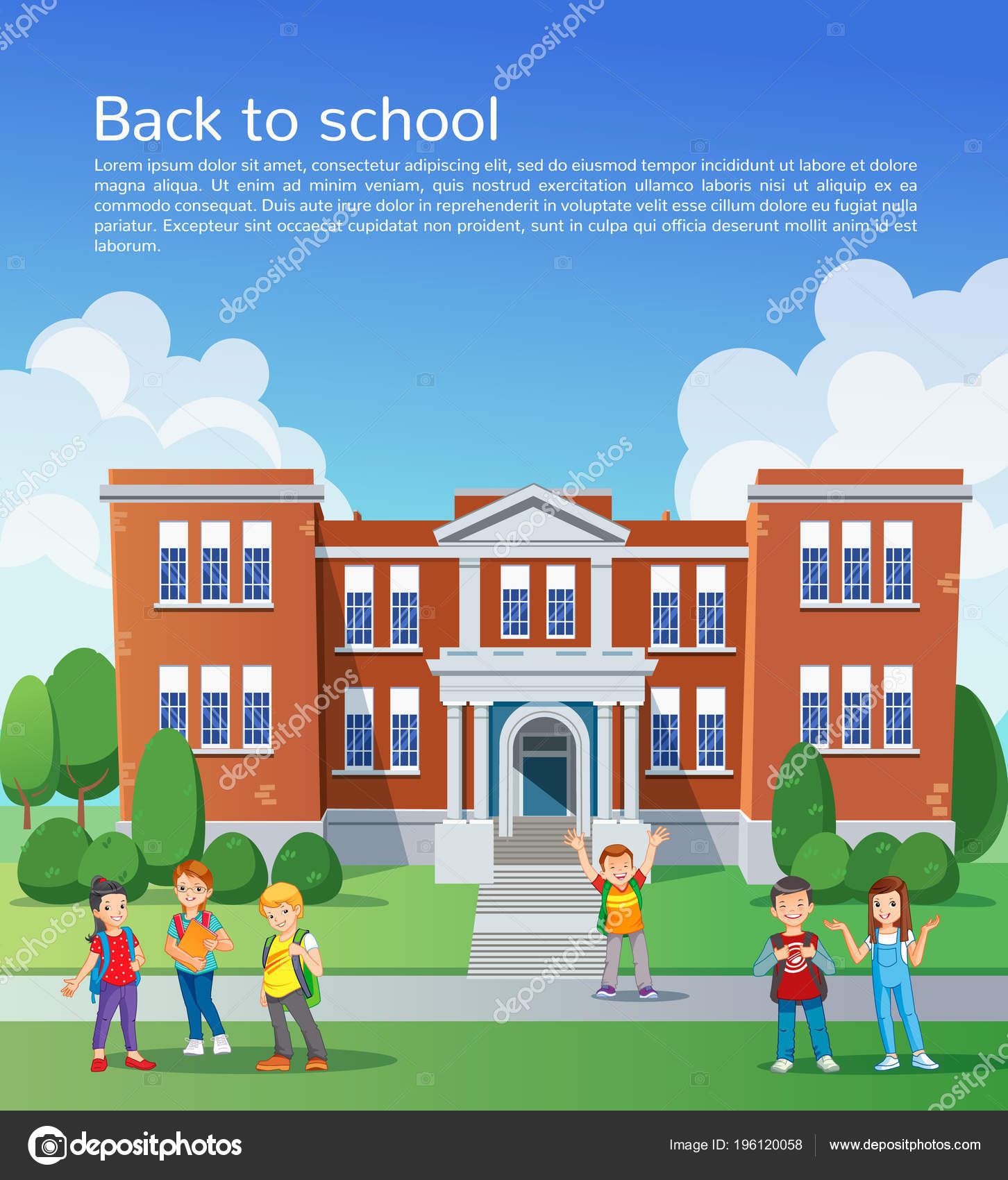 Happy School Children Front School Design Template — Stock Photo ...