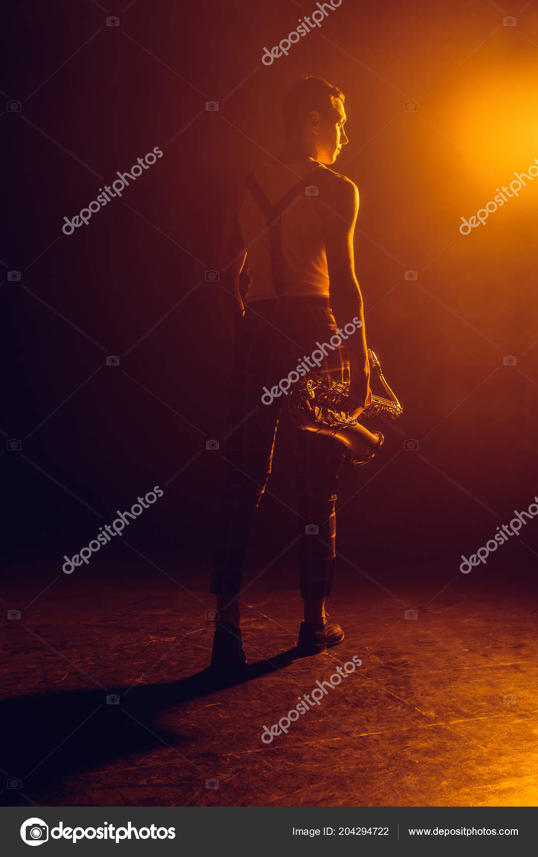 Back View Young Jazzman Holding Saxophone Looking Away — Stock Photo ...