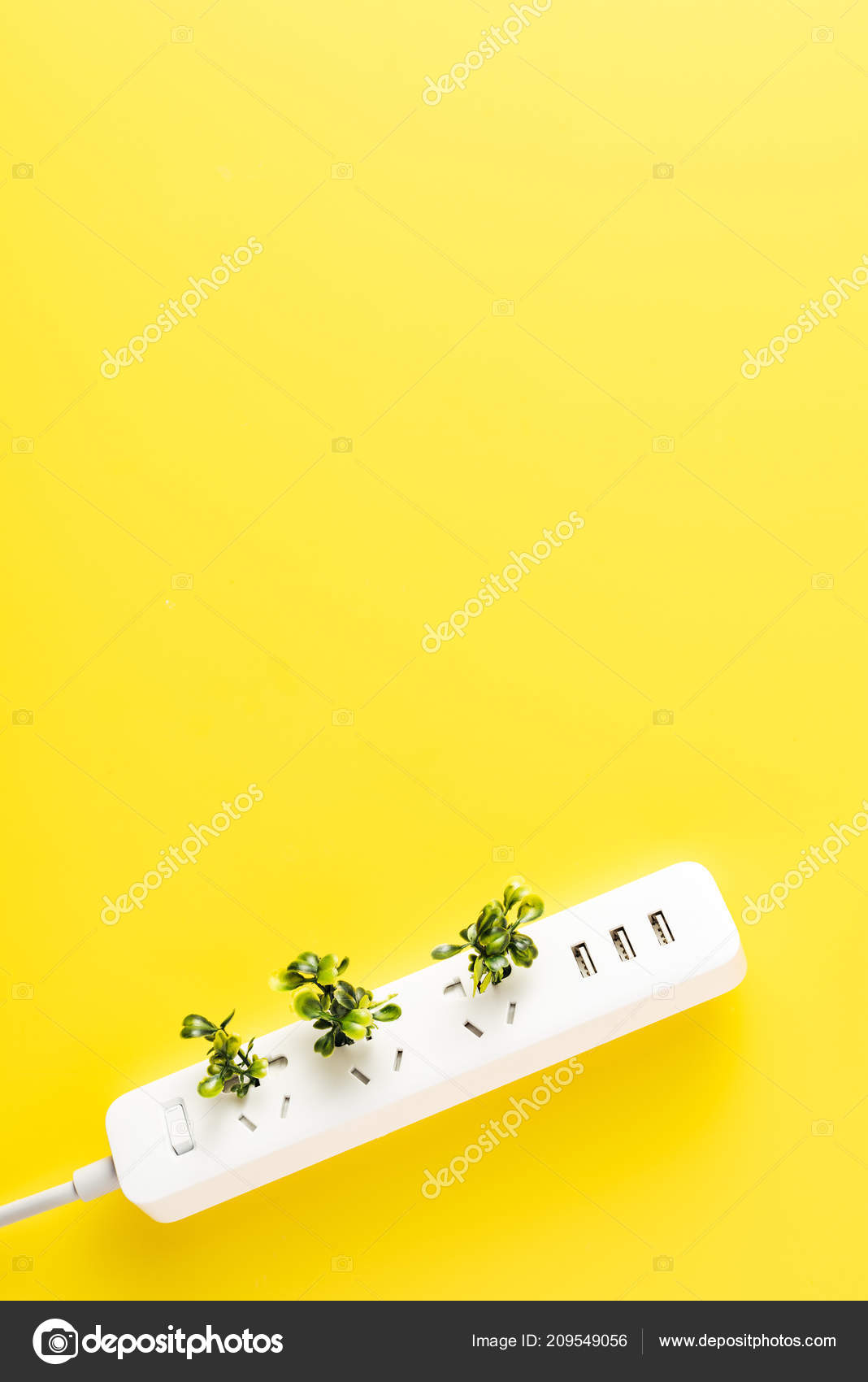 Top View Socket Outlet Green Twigs Yellow Background Renewable Energy ...