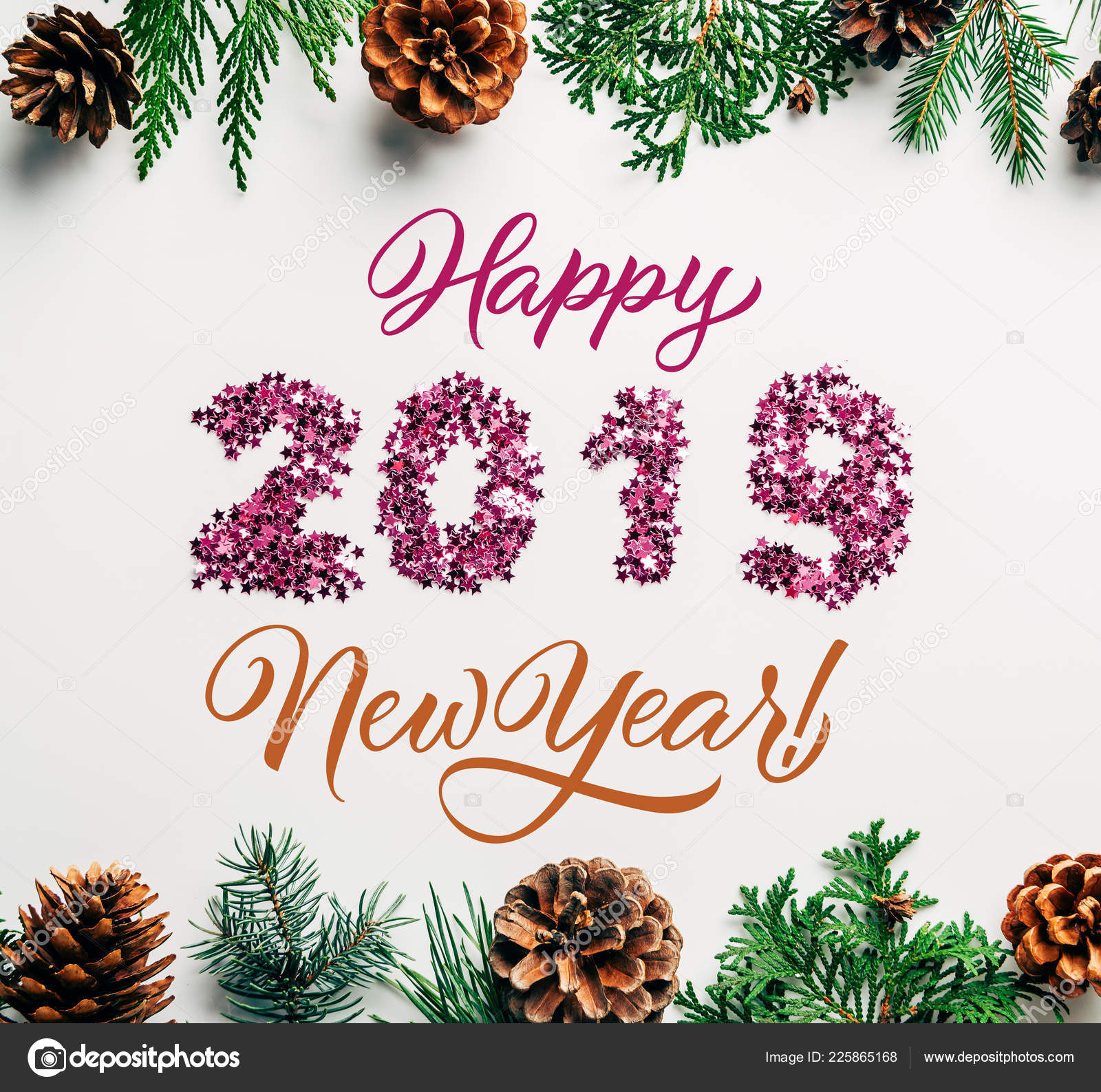 Flat Lay 2019 Year Sign Made Pink Confetti Pine Tree — Stock Photo ...