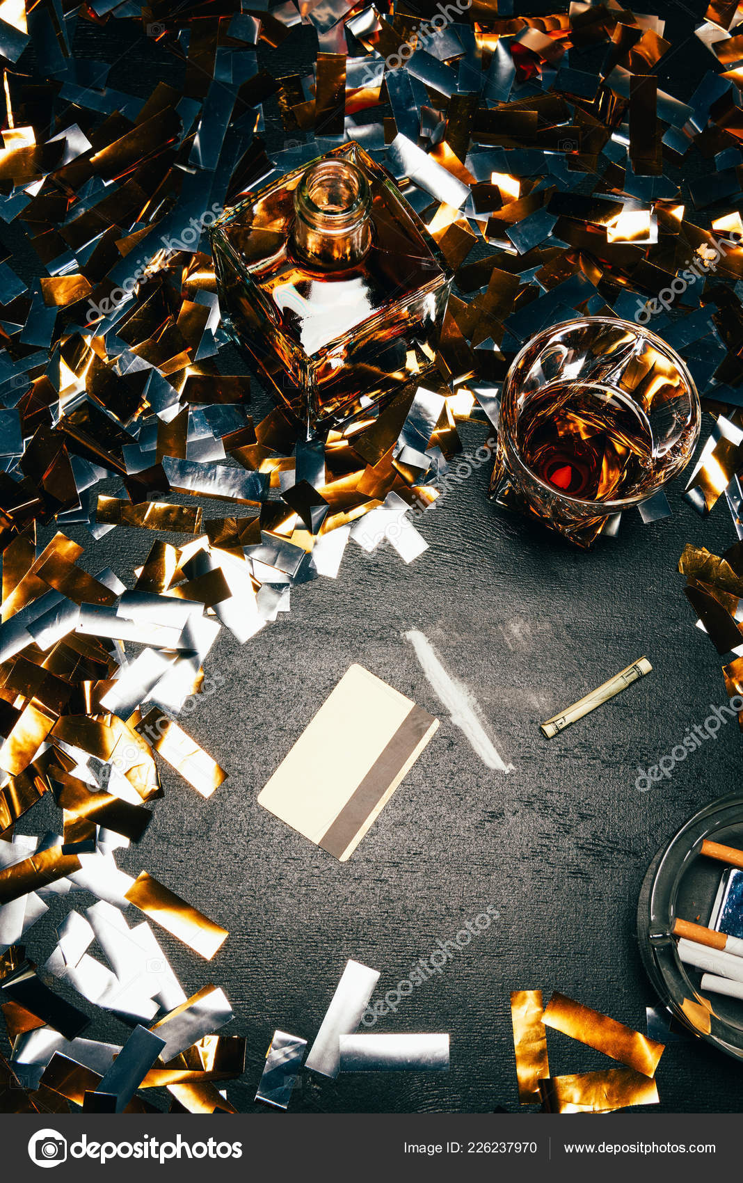 Top View Whiskey Rolled Banknote Credit Card Cocaine Table Covered ...