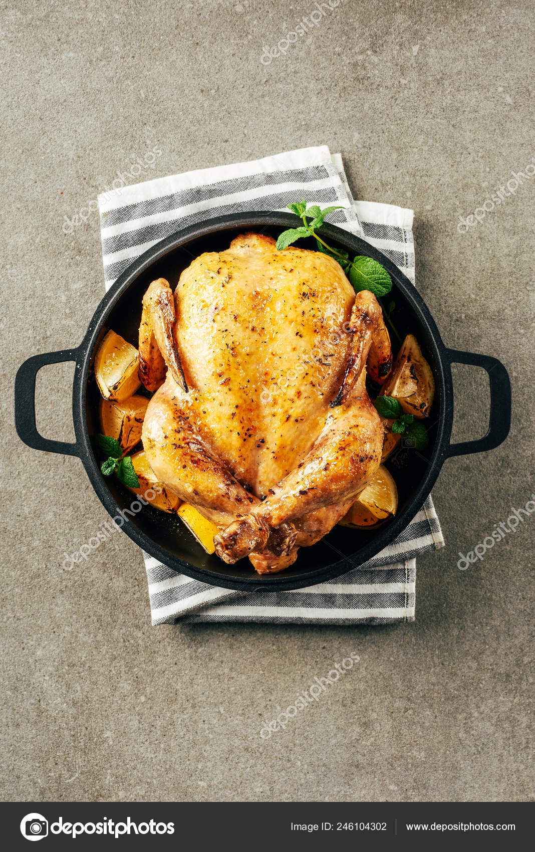 Top View Fried Chicken Griddle Pan Lemons Greenery Cloth — Stock Photo ...
