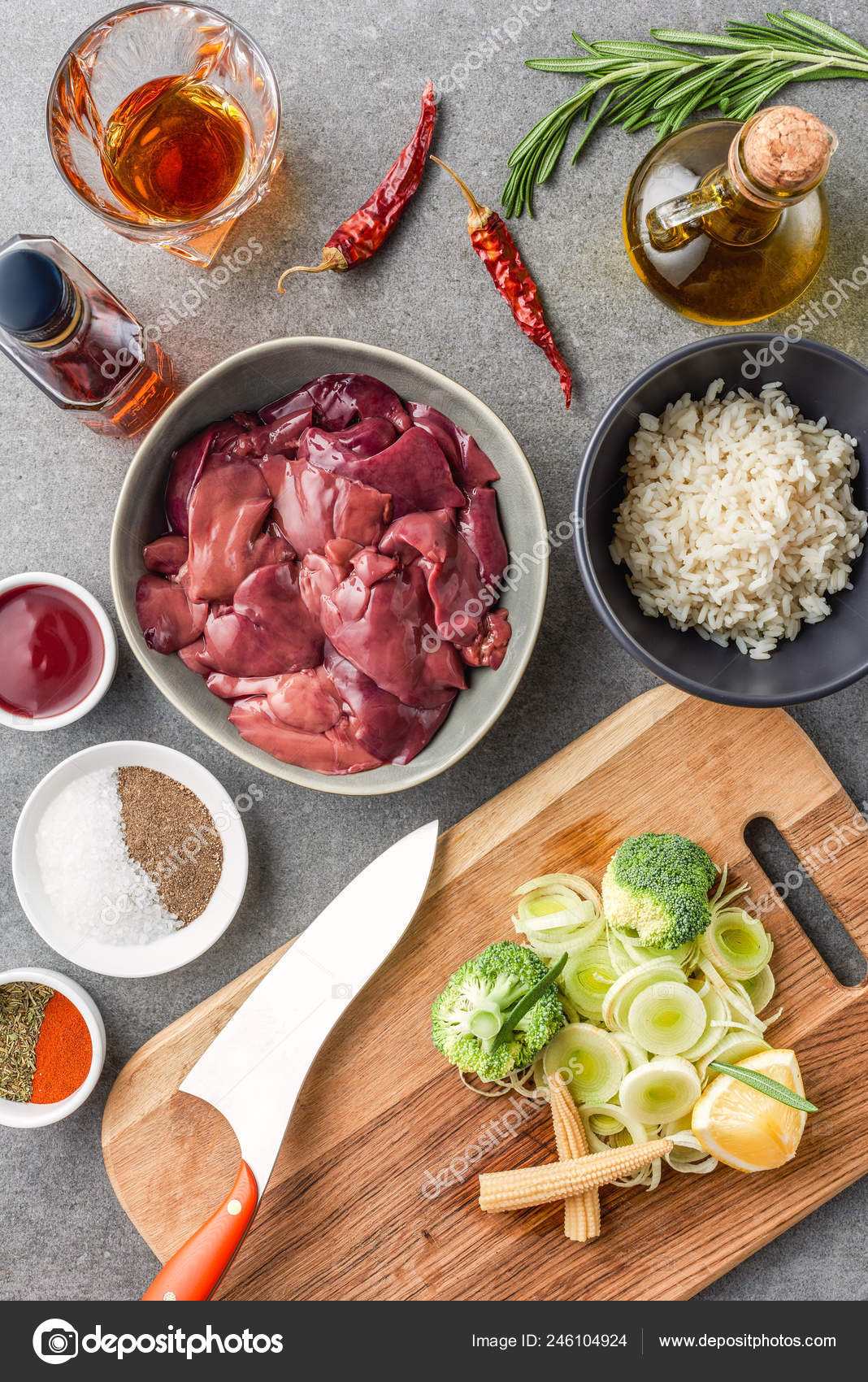 Top View Raw Meat Rice Spices Oil Cognac Peppers Broccoli — Stock Photo ...