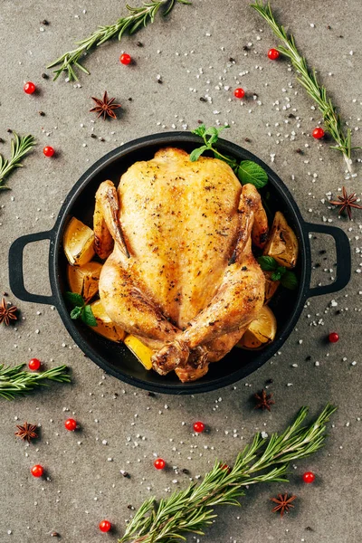 Top View Fried Chicken Griddle Pan Lemons Greenery Cloth — Stock Photo ...