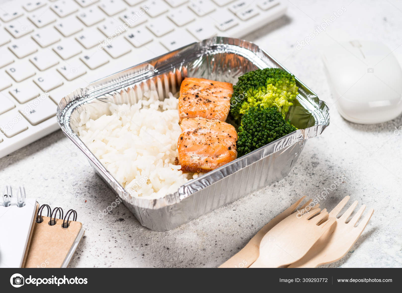 Food delivery concept - healthy lunch on office table. — Stock Photo ...