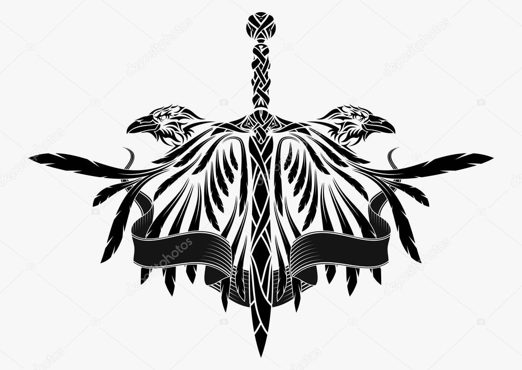 Vettoriale stockDisegno Vettoriale Corvo Con Ali Aperte Spada Vichingo ...