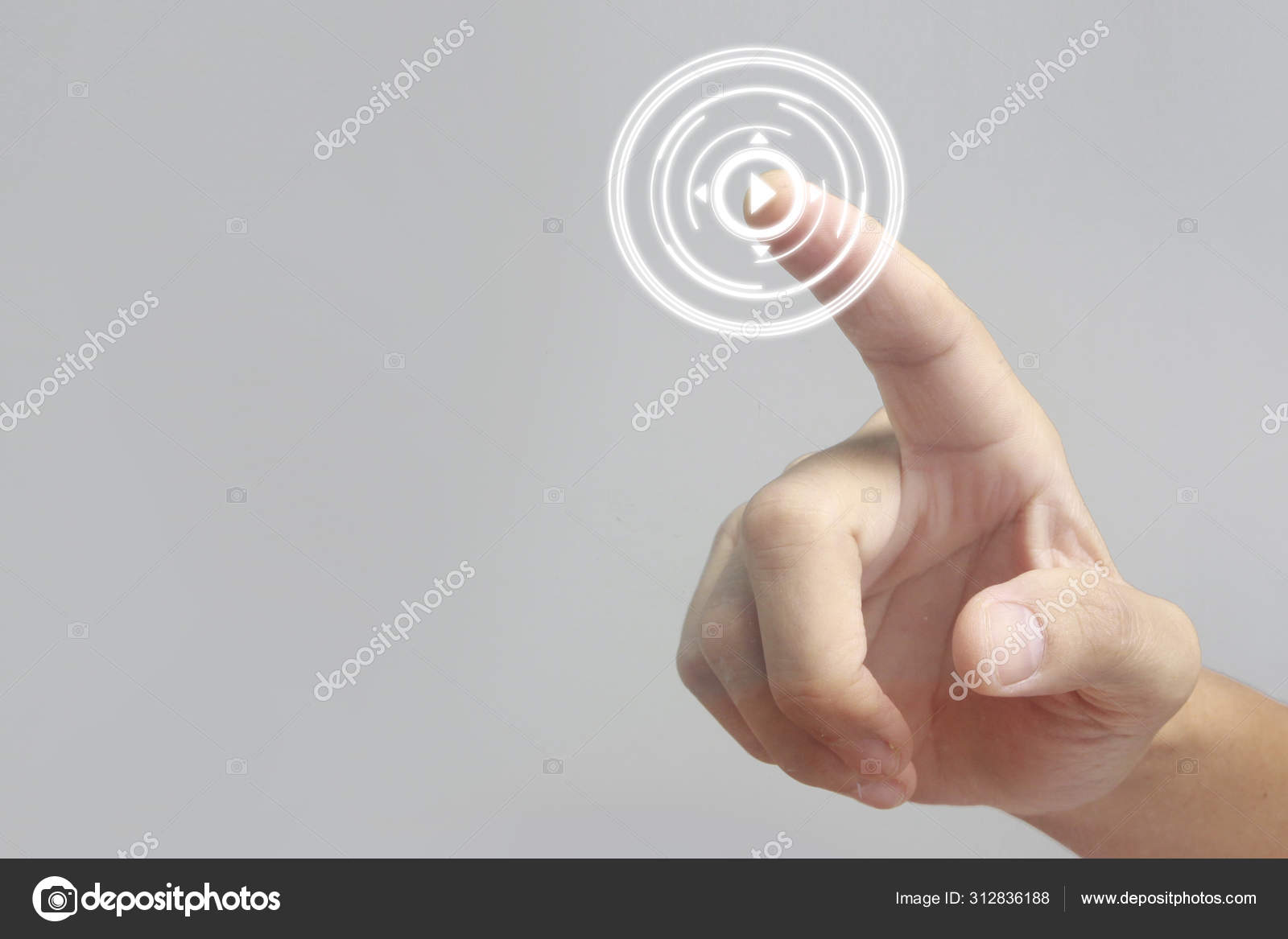 Hands touching button screen interface global connection custome ...