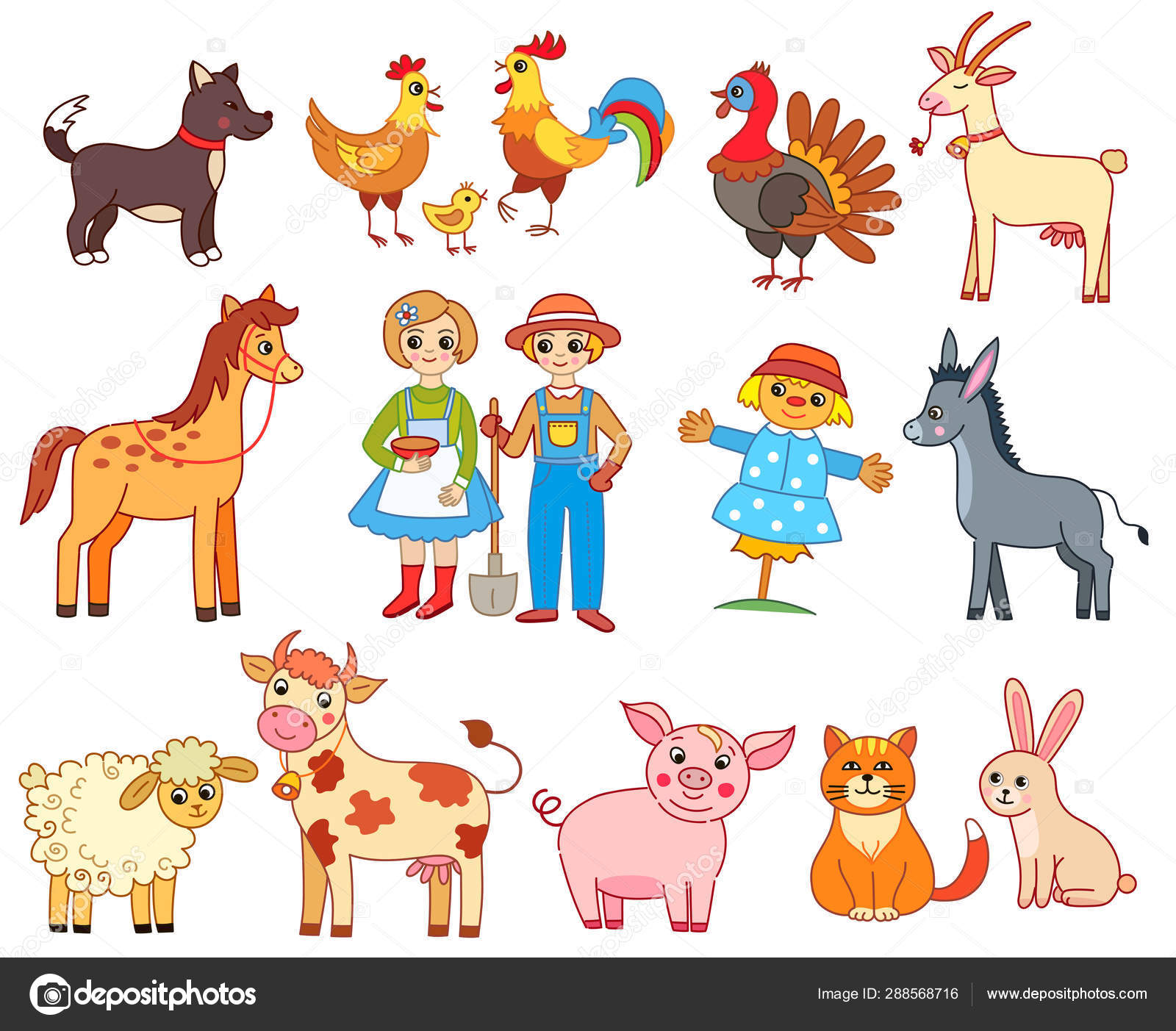 Colecție Desene Animate Animale Domestice Câțiva Fermieri Fundal Alb ...