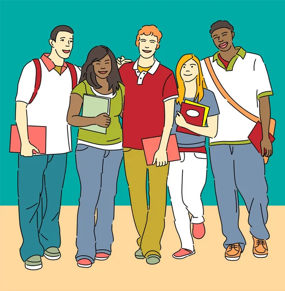 Hand Drawn Group International Students Casual Clothes Posing Together ...