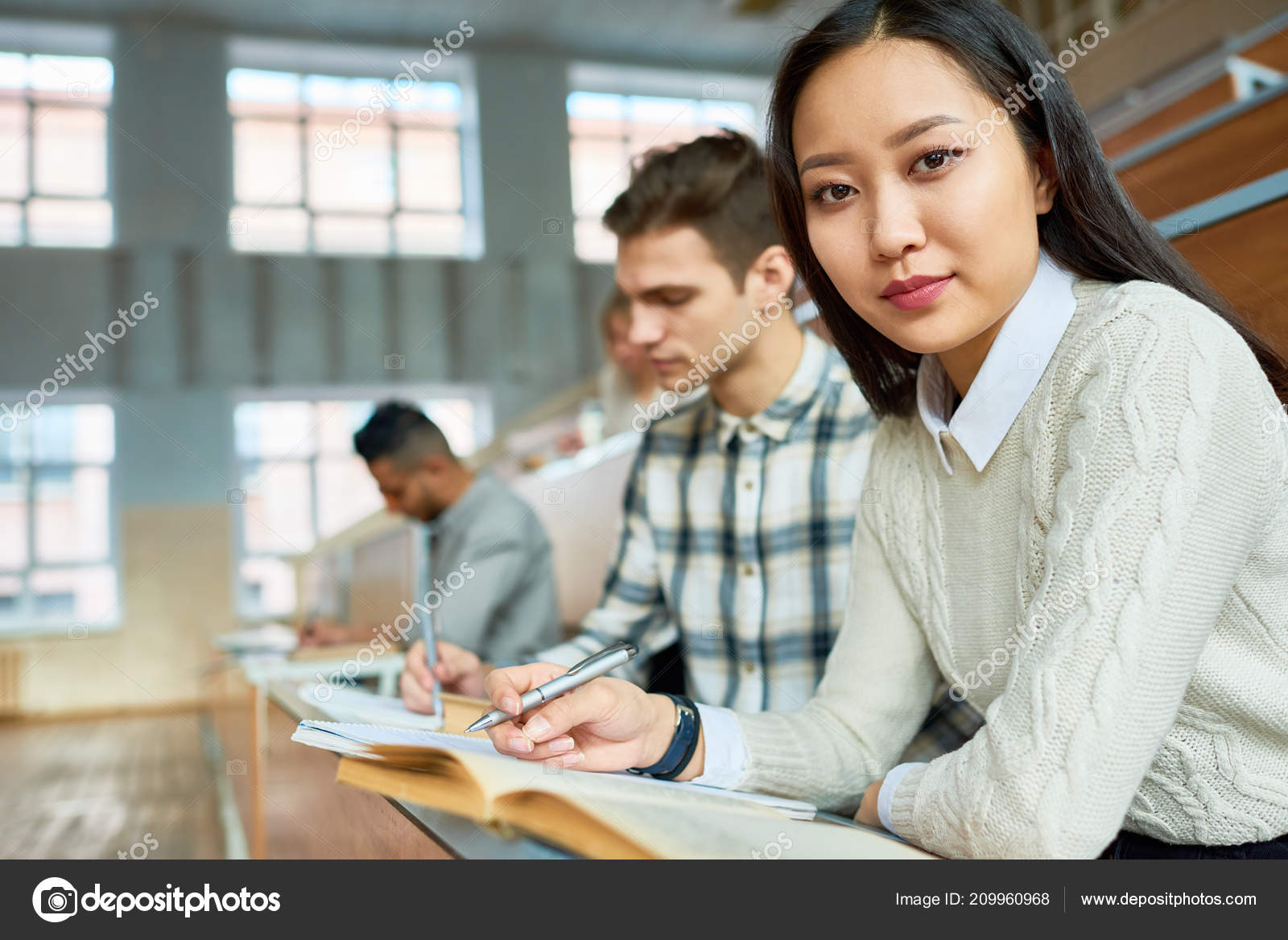 Portrait Two Students Sitting Row Desk Lecture Hall Modern College ...