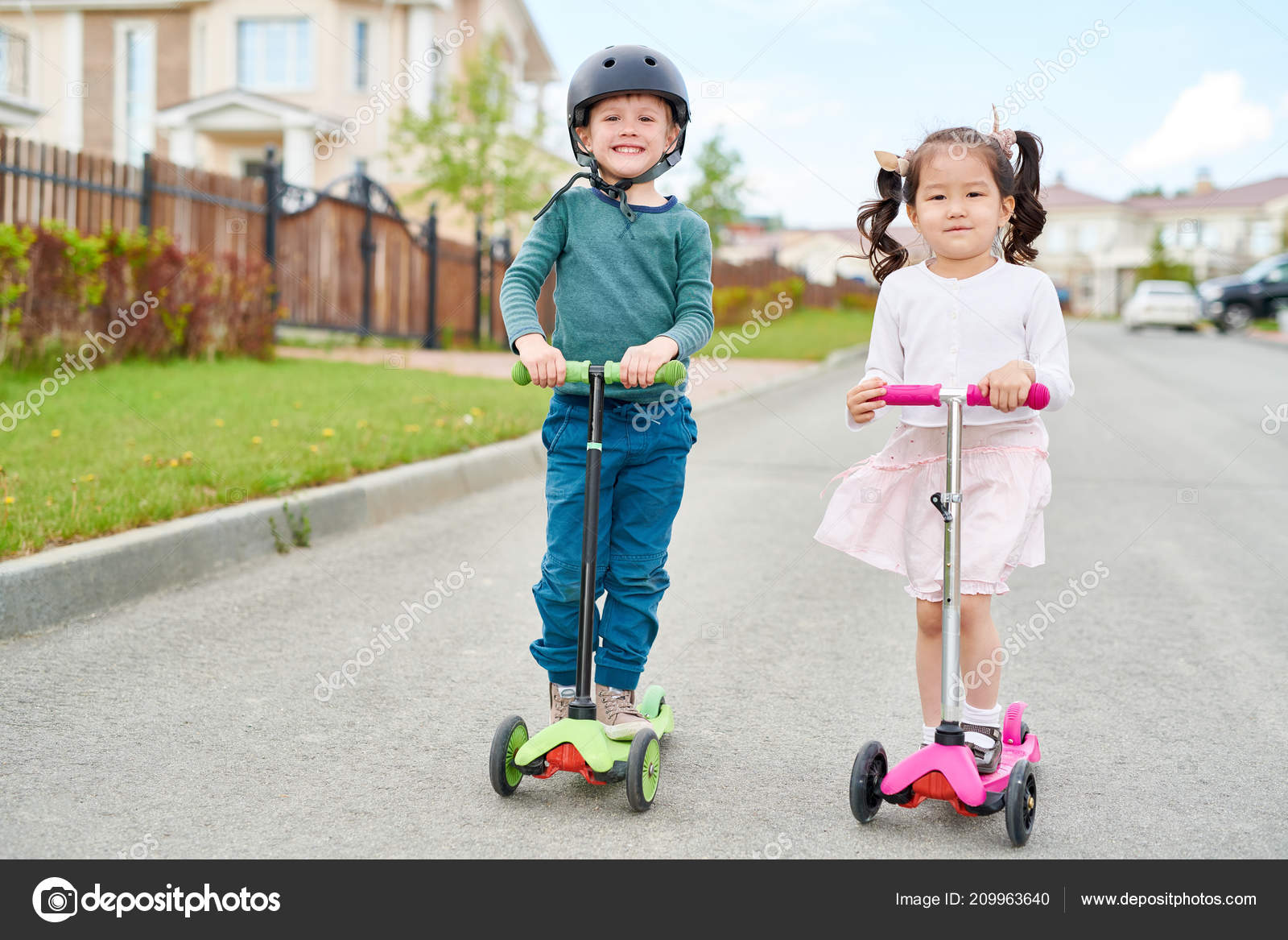 Full Length Portrait Two Cute Children Boy Girl Riding Three ⬇ Stock ...