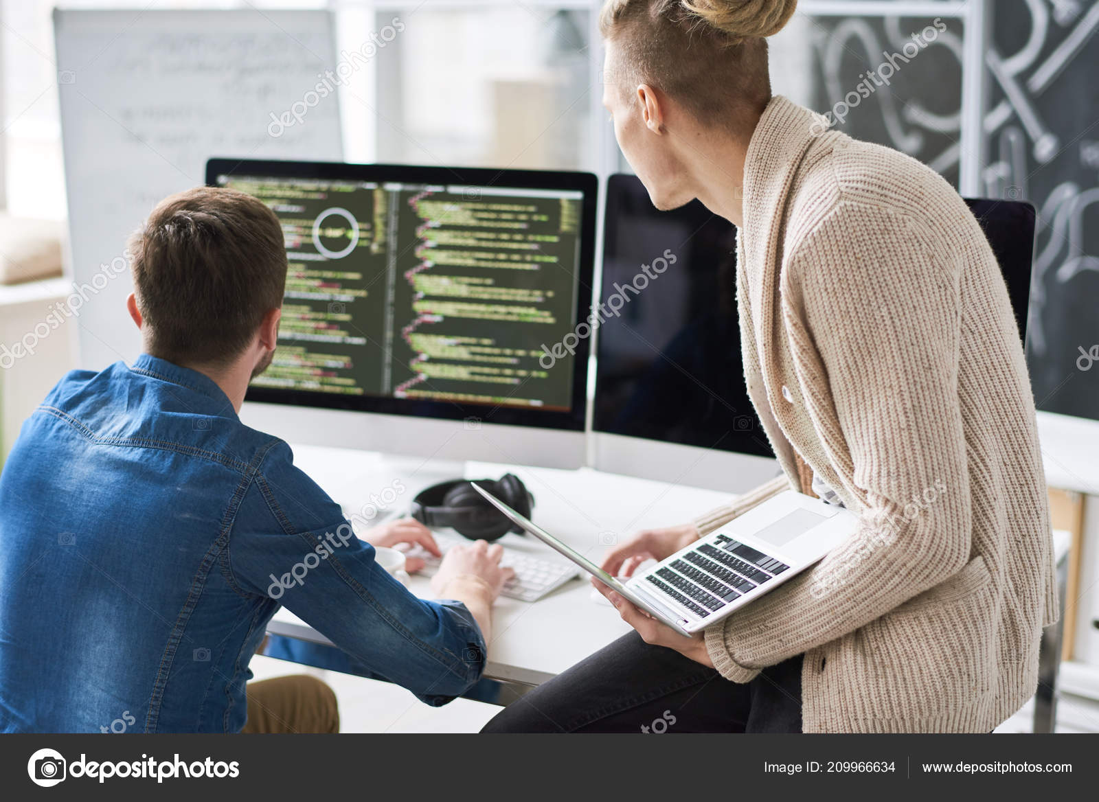 Back View Portrait Two Contemporary Web Developers Writing Code Program ...
