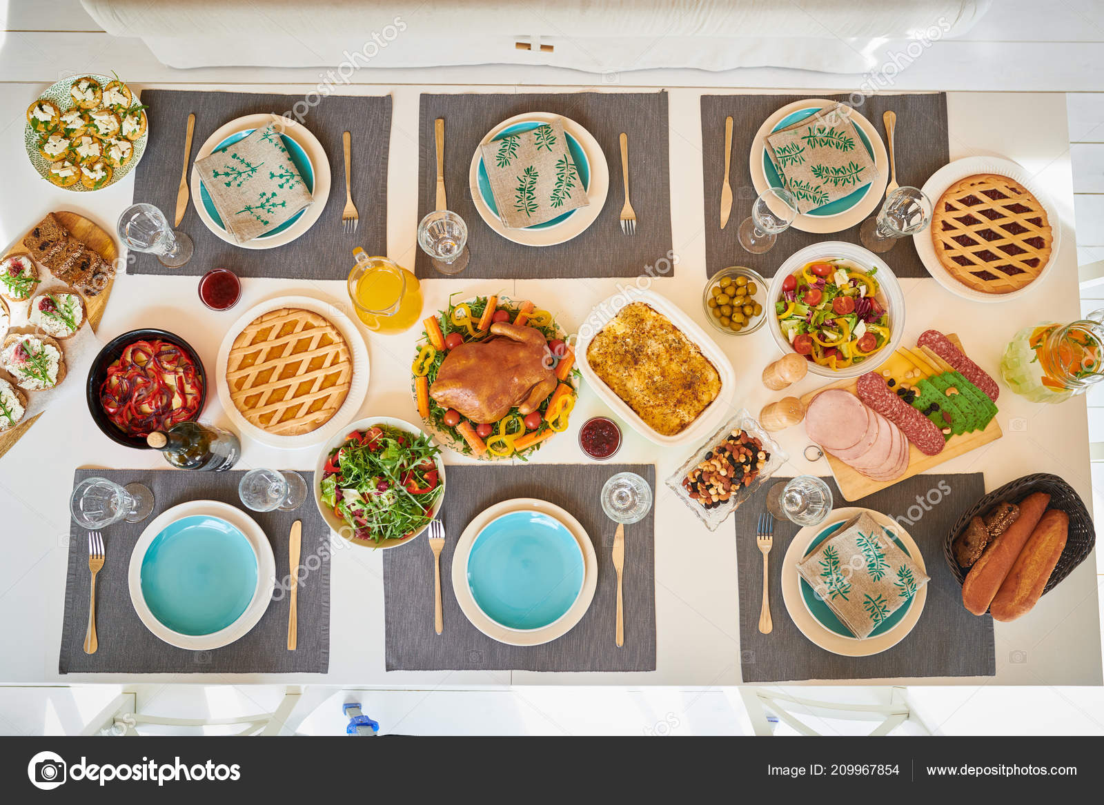 Top View Festive Dinner Table Set Whole Family Delicious Homemade Stock ...