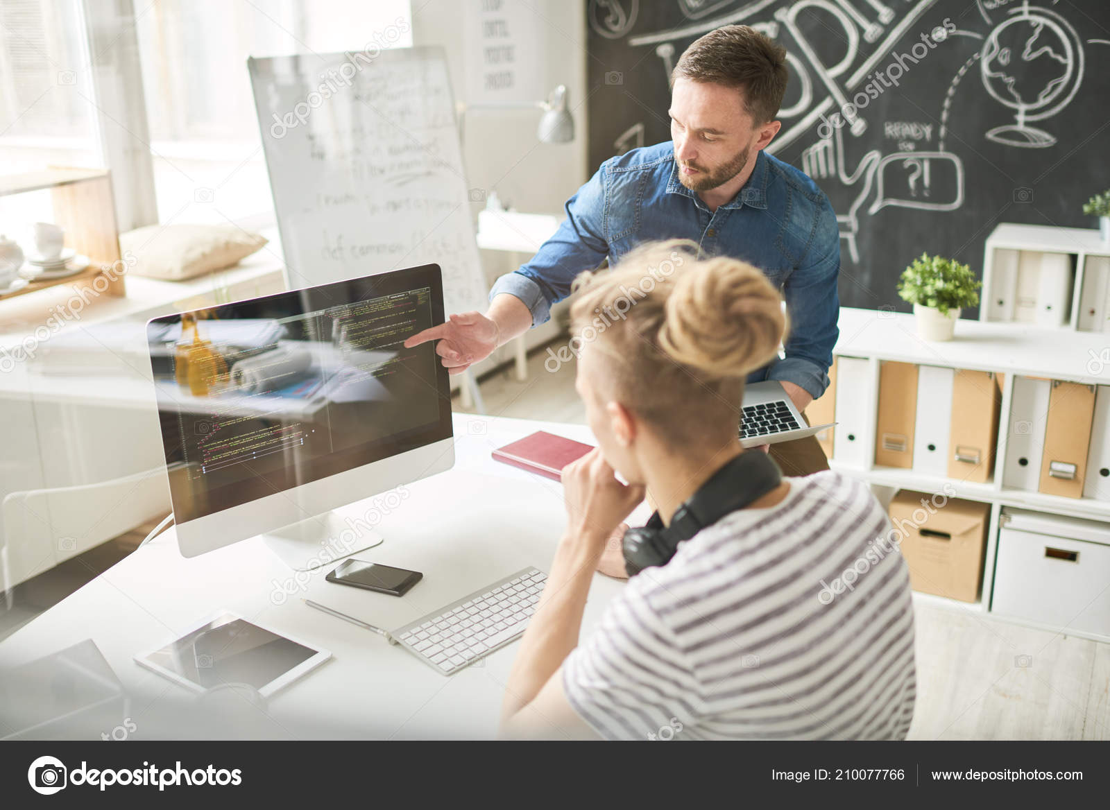 Portrait Two Contemporary Young Men Casual Wear Coding Using Computer ...