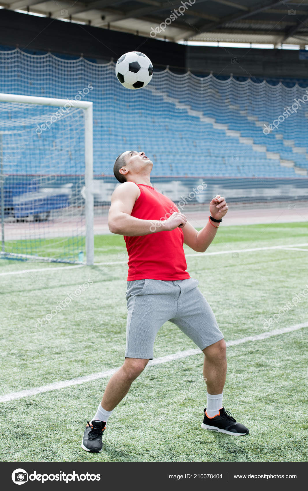 Full Length Portrait Handsome Young Man Playing Football Stadium ...