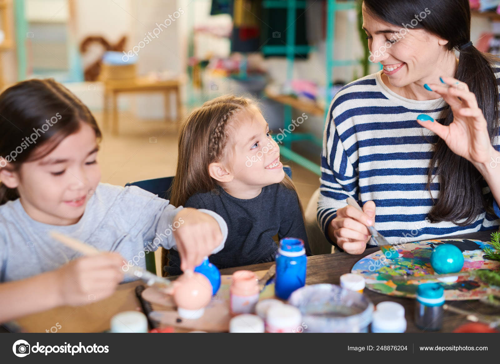 Portrait Two Little Girls Having Fun Crafting Class Smiling Female ...