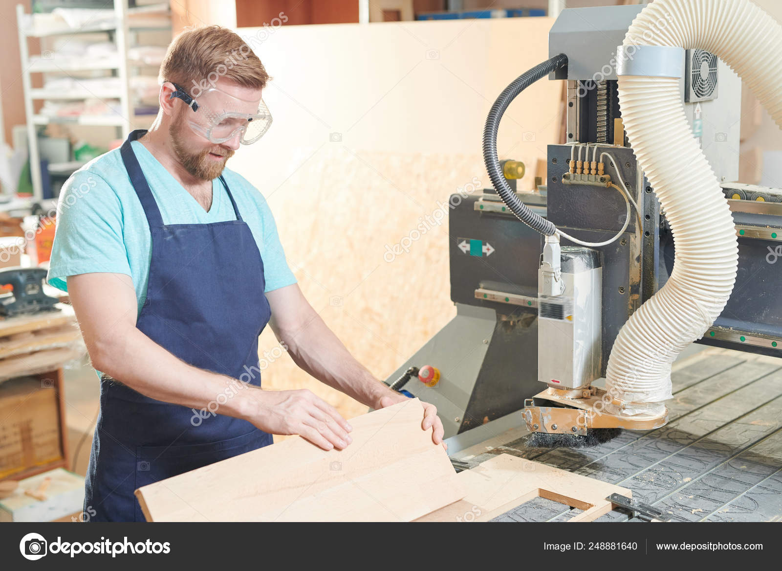 Factory Worker Using Modern Machine Furniture Factory Stock Photo by ...