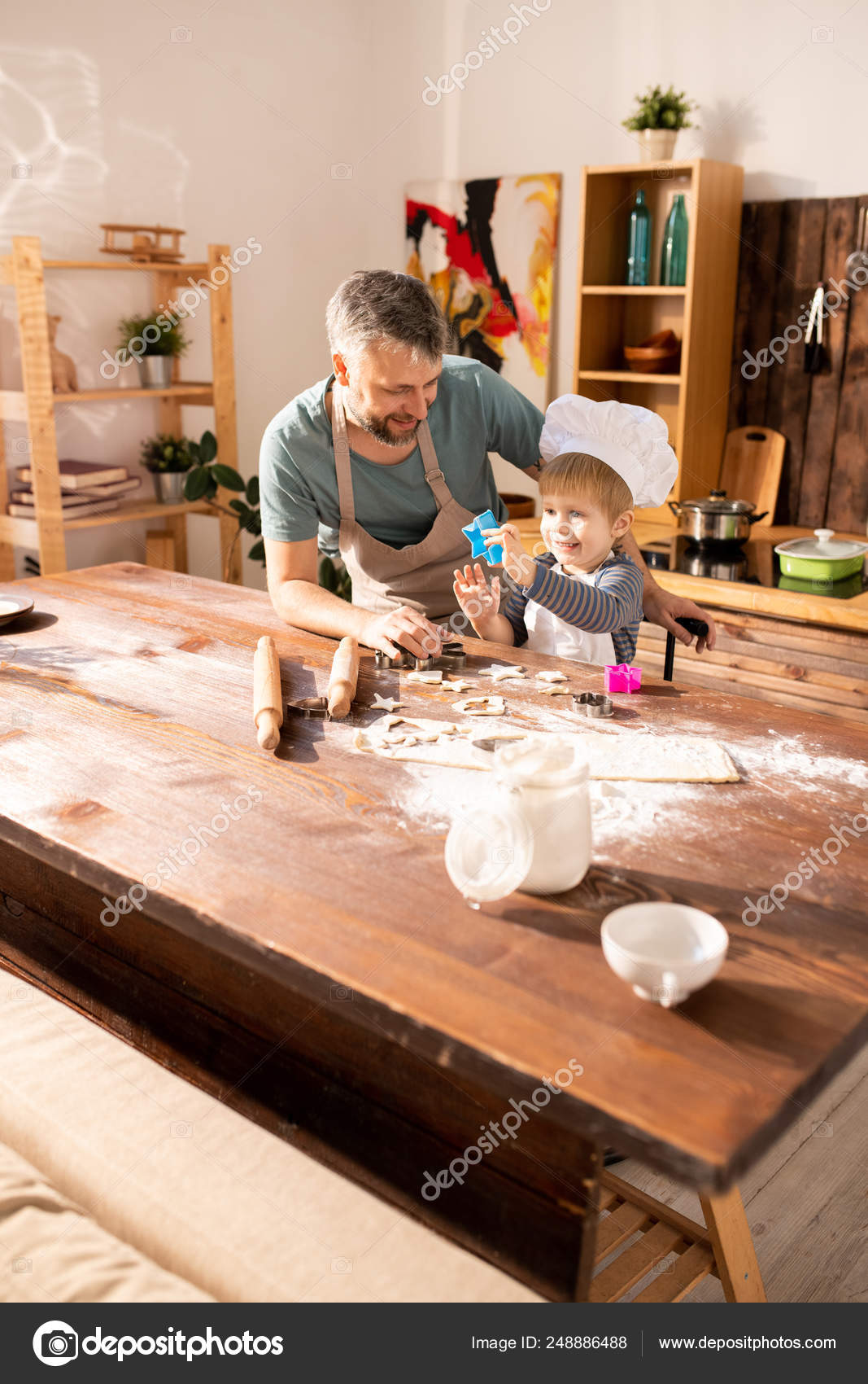 Happy Little Boy Chefs Hat Standing Wooden Counter Using Molds — Stock ...