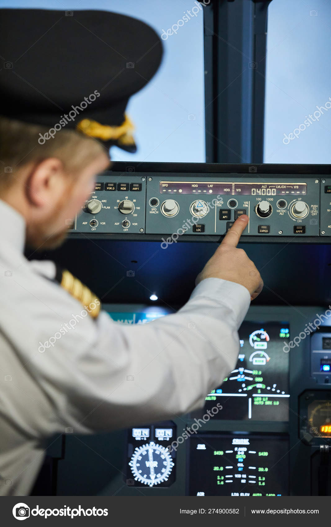 Rear View Aircraft Captain Cap Sitting Front Control Panel Cockpit ...