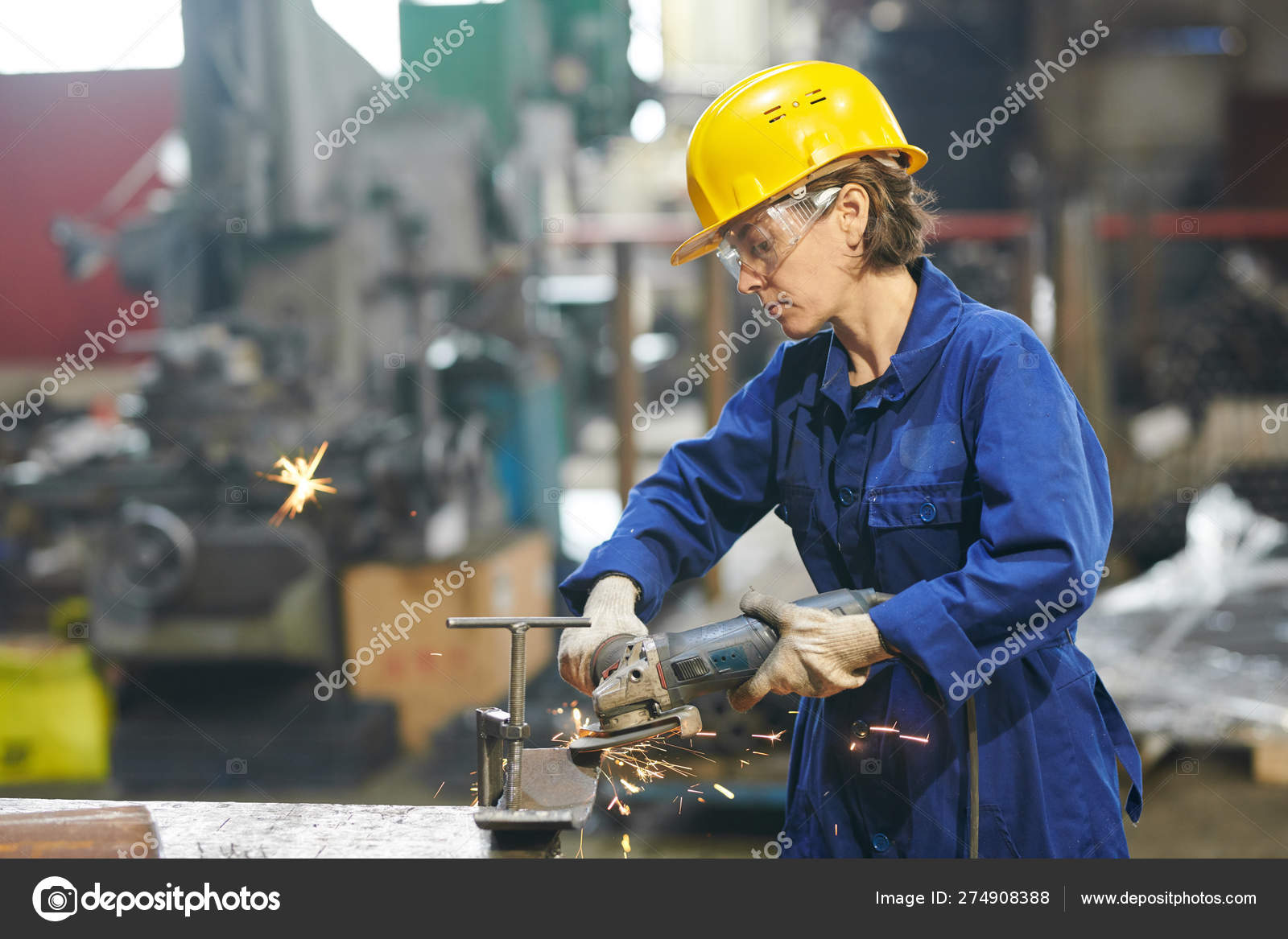 Side View Portrait Female Worker Cutting Metal Industrial Plant Garage ...
