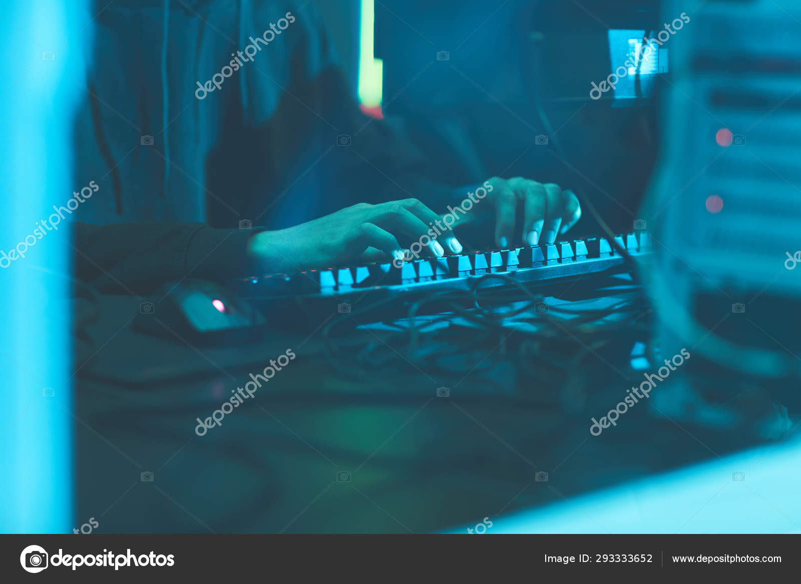 Close Unrecognizable Hacker Black Sweater Sitting Table Server Center ...