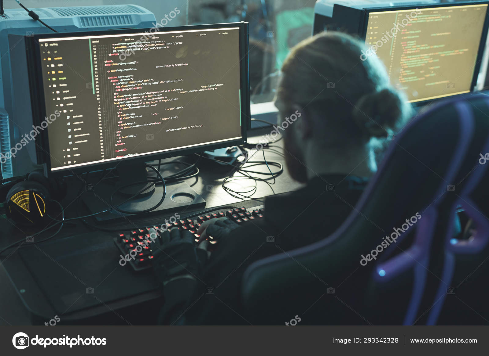 Rear View Concentrated Software Engineer Sitting Table Composing App ...