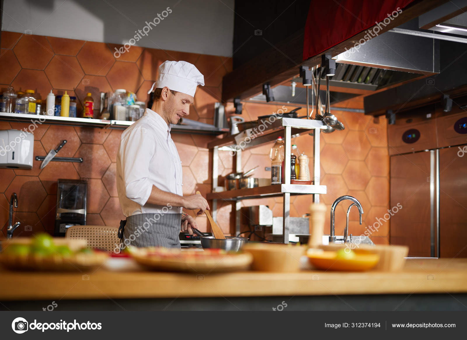 Side View Portrait Handsome Chef Cooking Dishes Frying Pan While Stock ...