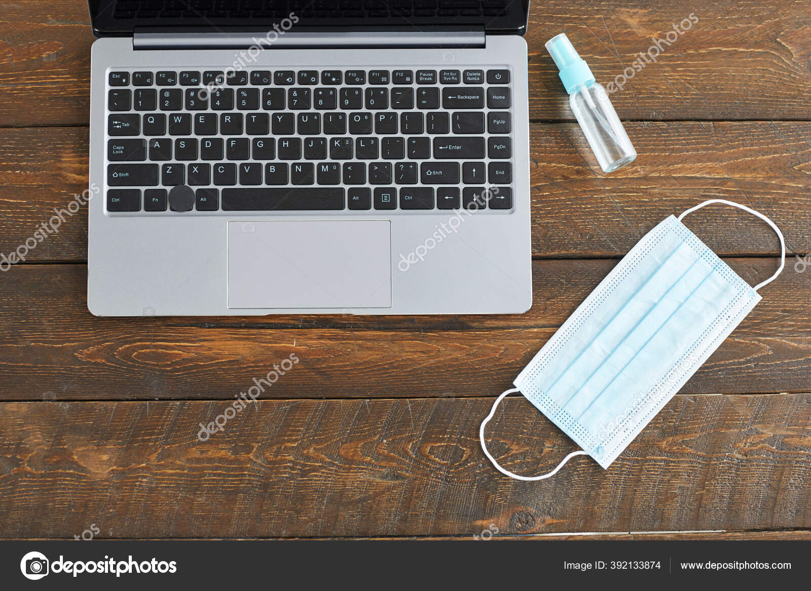 Top View Laptop Face Mask Hand Sanitizer Dark Wooden Background Stock ...