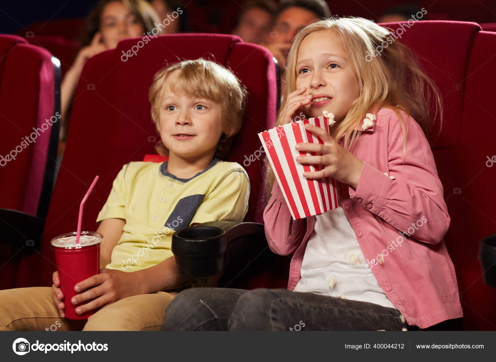 Portrait Two Cute Scared Kids Watching Movie Cinema Theater Eating ...