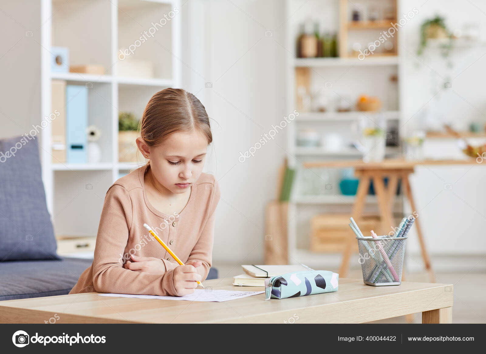 Portrait Cute Girl Doing Homework Elementary School While Studying Home ...