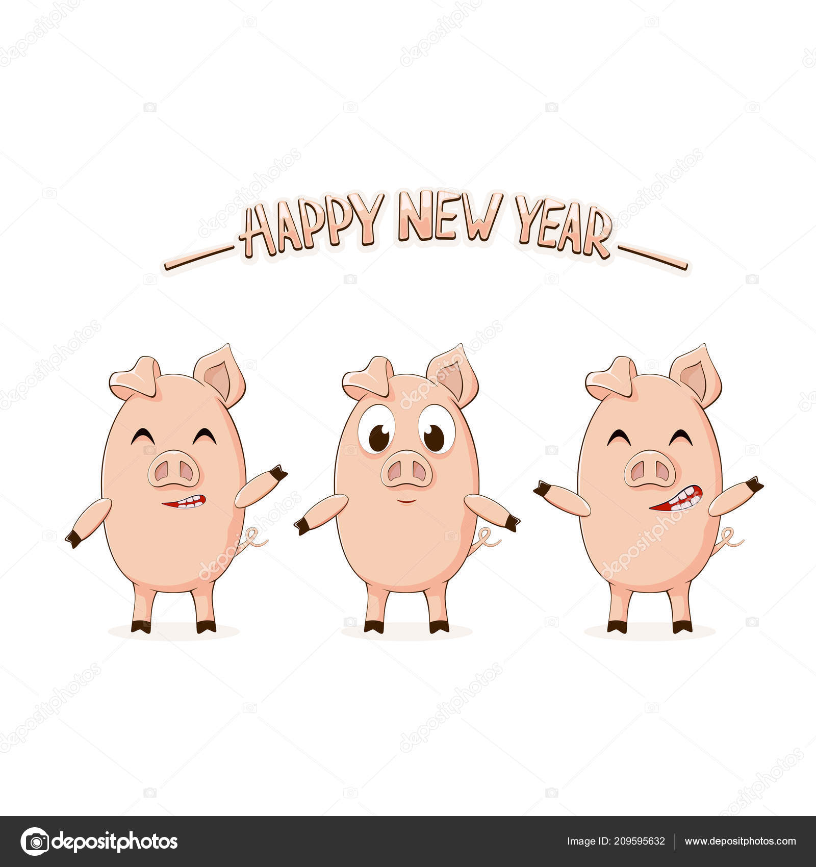 Tres Cerditos Rosados Letras Feliz Año Nuevo Aislados Sobre Fondo ...