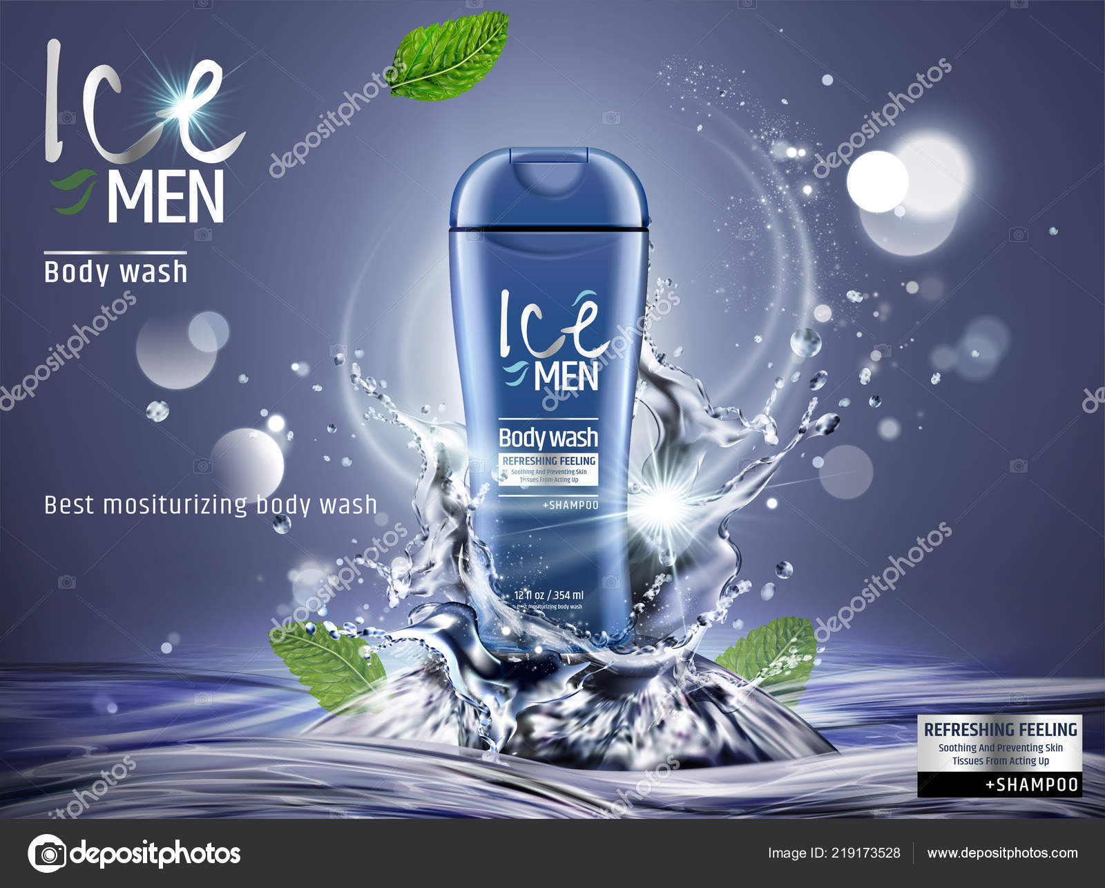 Men's Body Wash Ads Swirling Water Mint Leaves Illustration Stock ...