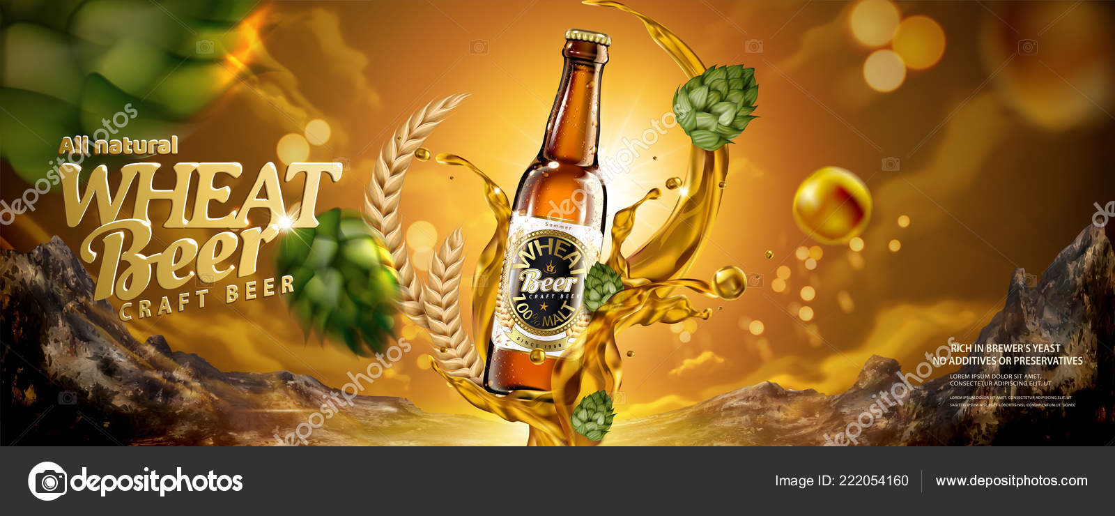 Wheat Beer Banner Ads Flying Hops Liquid Illustration Golden Tone Stock ...