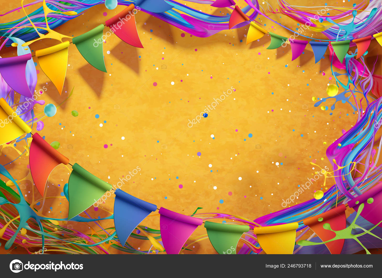 Happy Holi Festival Design Splashing Colorful Paint Flags Yellow ...