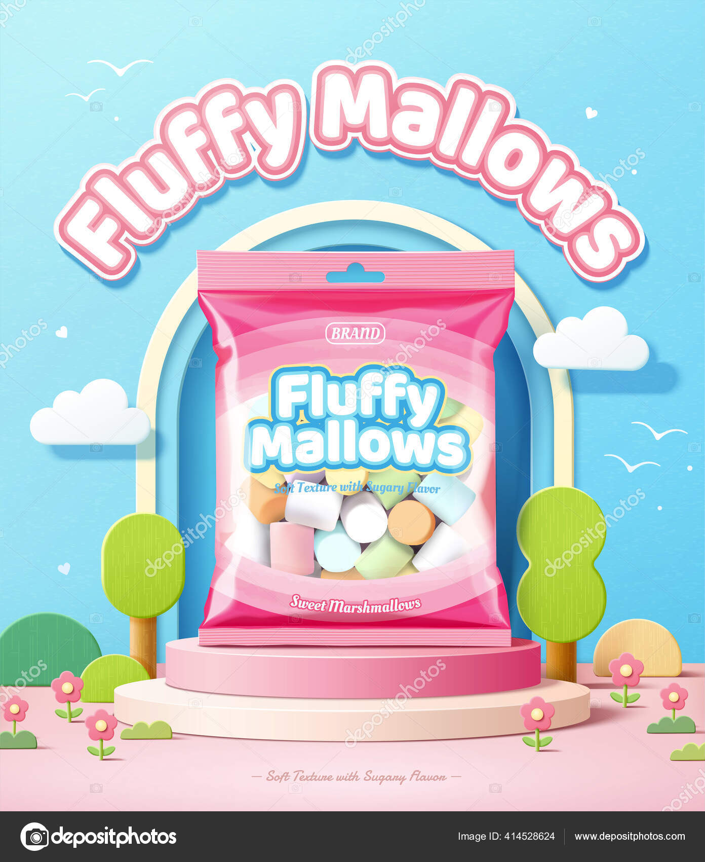 Fluffy Marshmallows Promo Illustration Package Marshmallows Podium Tree ...