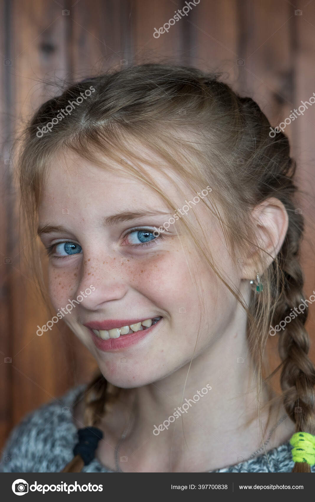 Beautiful Blonde Young Girl Freckles Indoors Wooden Background Close