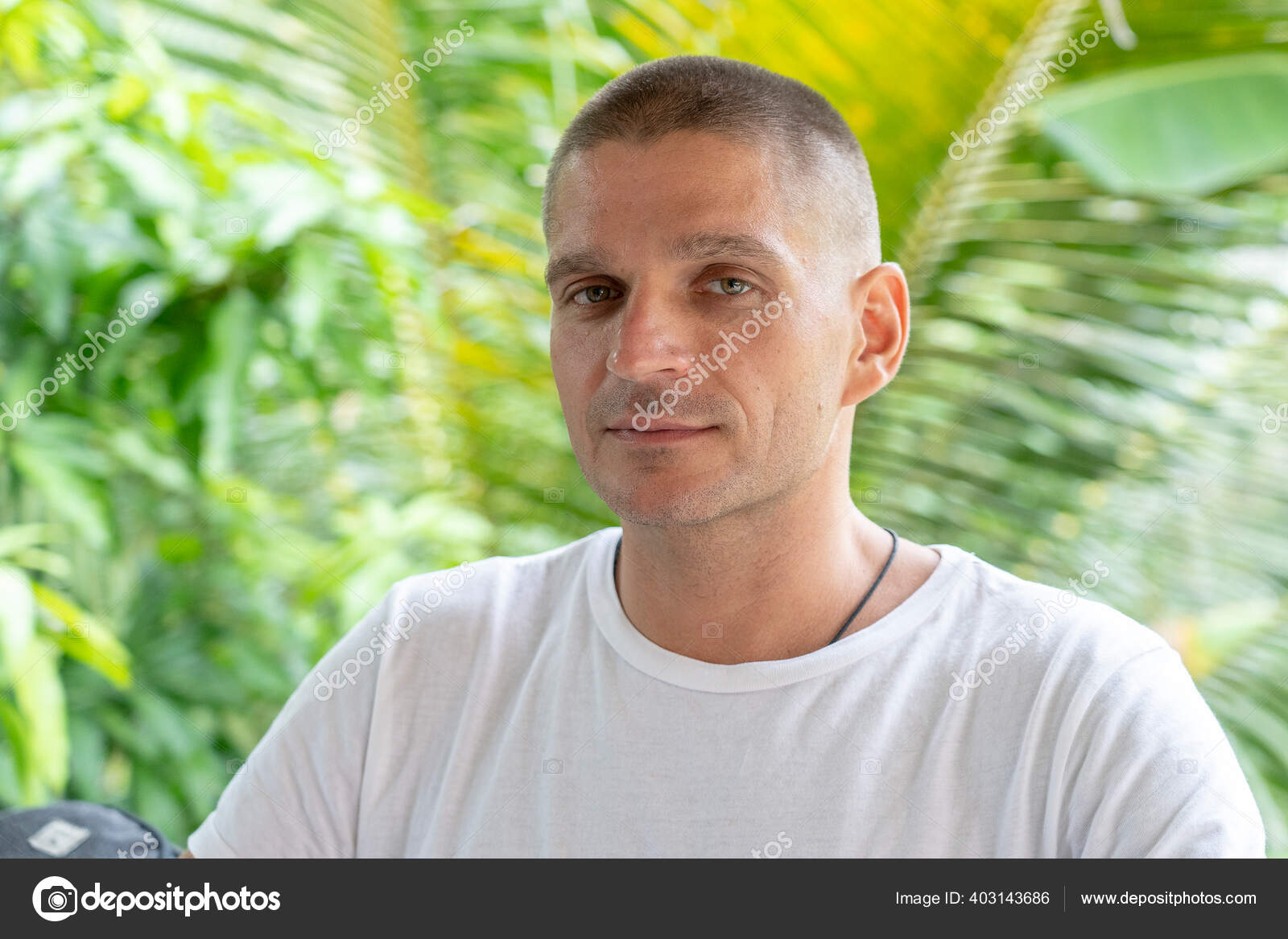 Portrait Young Man Resting Background Green Leaves Nature Close Stock ...
