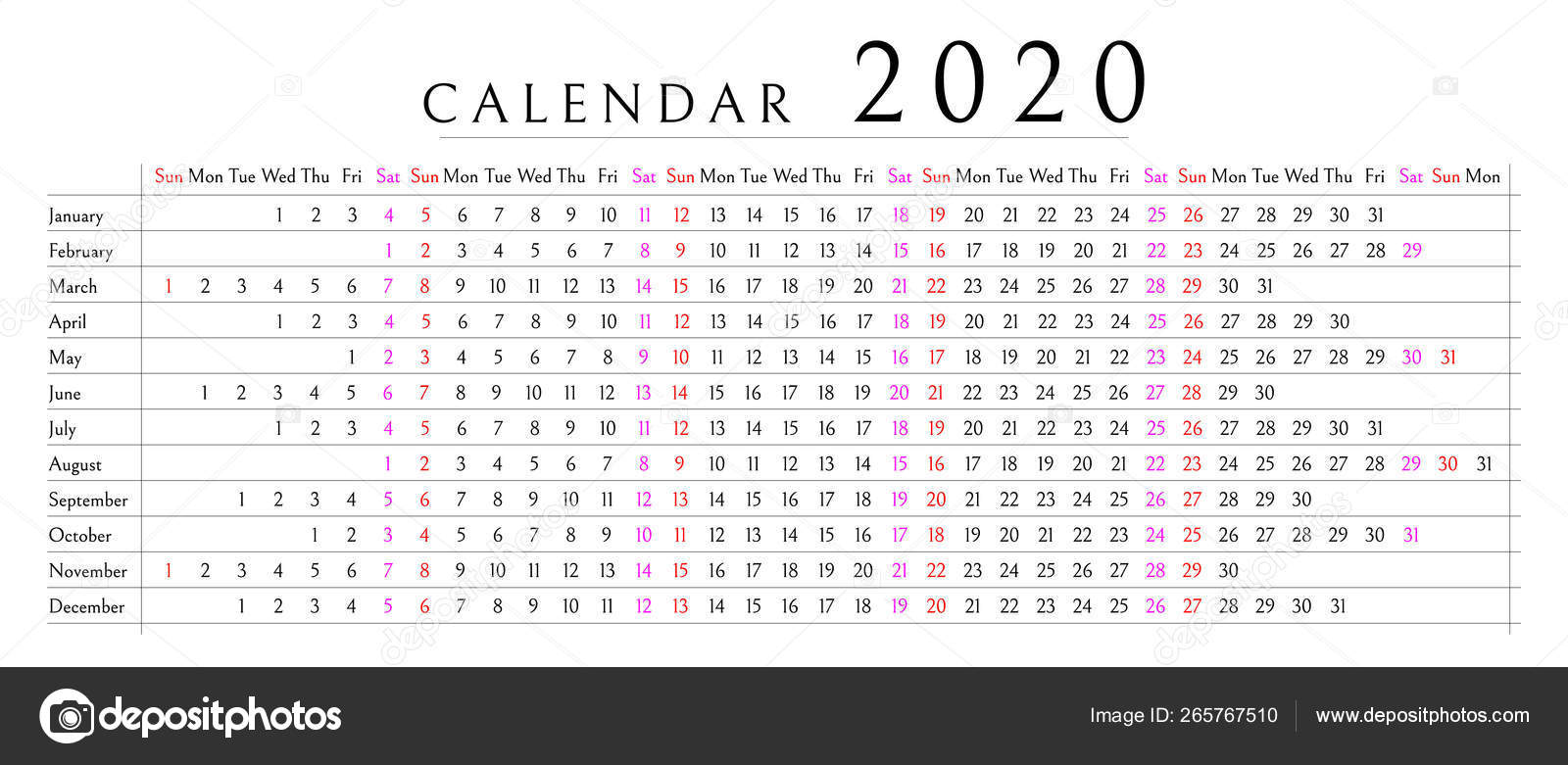 Rozložení jednoduchého kalendáře pro 2020 roku Týden začíná v neděli ...