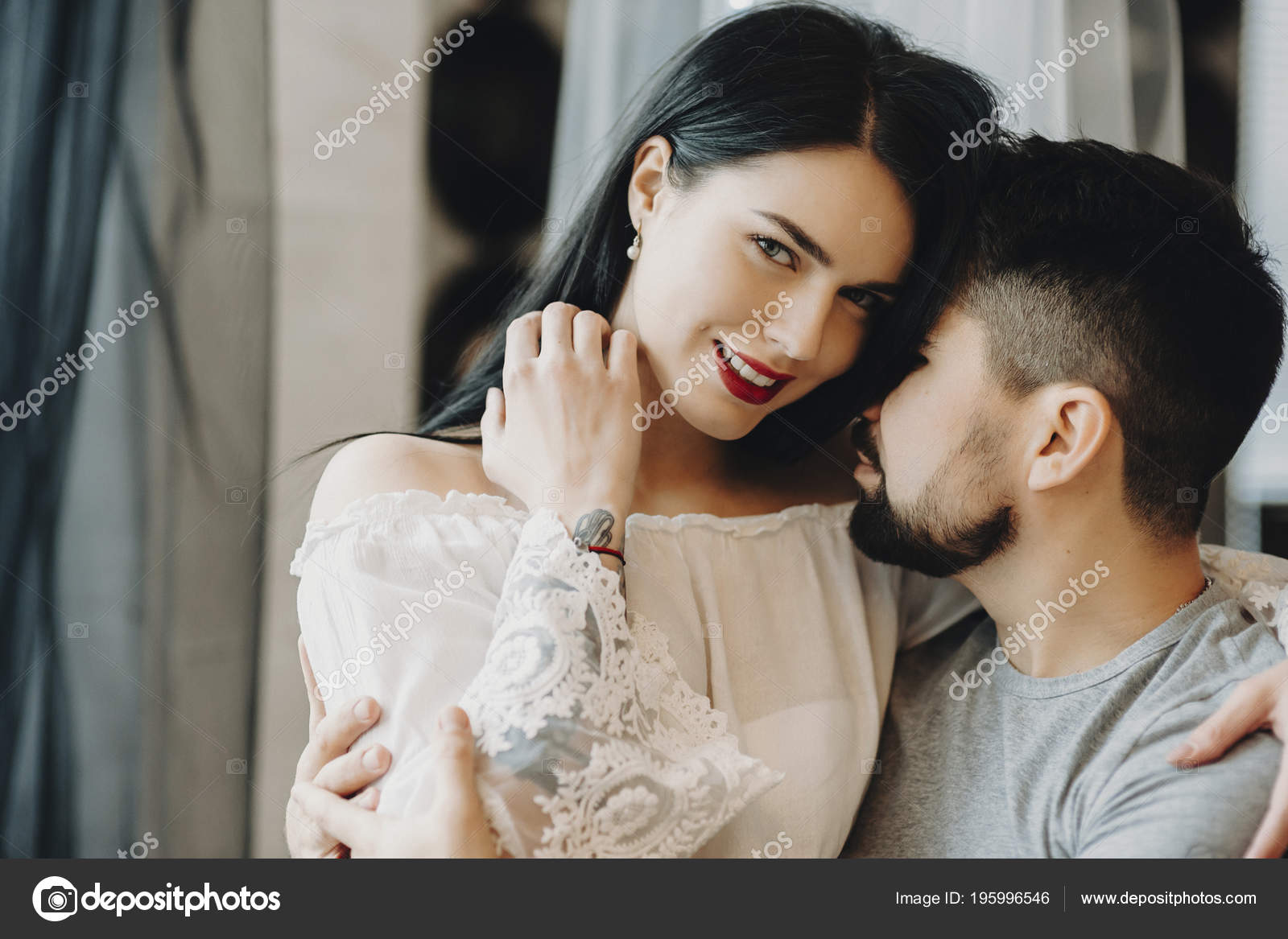 Portrait Attractive Couple Sitting Chair Man Embracing His Girlfriend ...