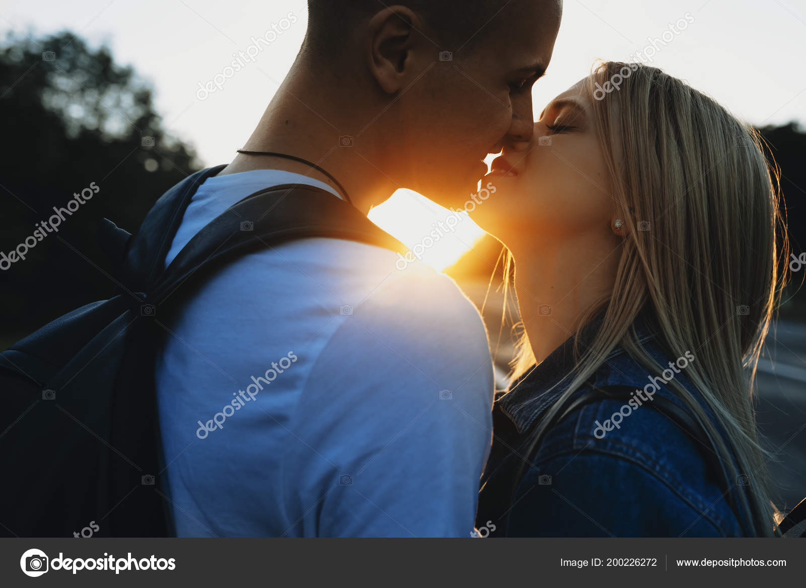 Crop Side View Smiling Man Woman Tenderly Kissing Standing Empty Stock ...