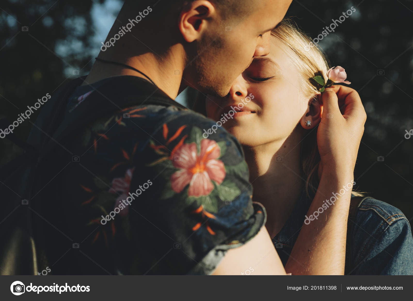 Crop View Attractive Man Tenderly Attaching Dainty Pink Flower Hair ...